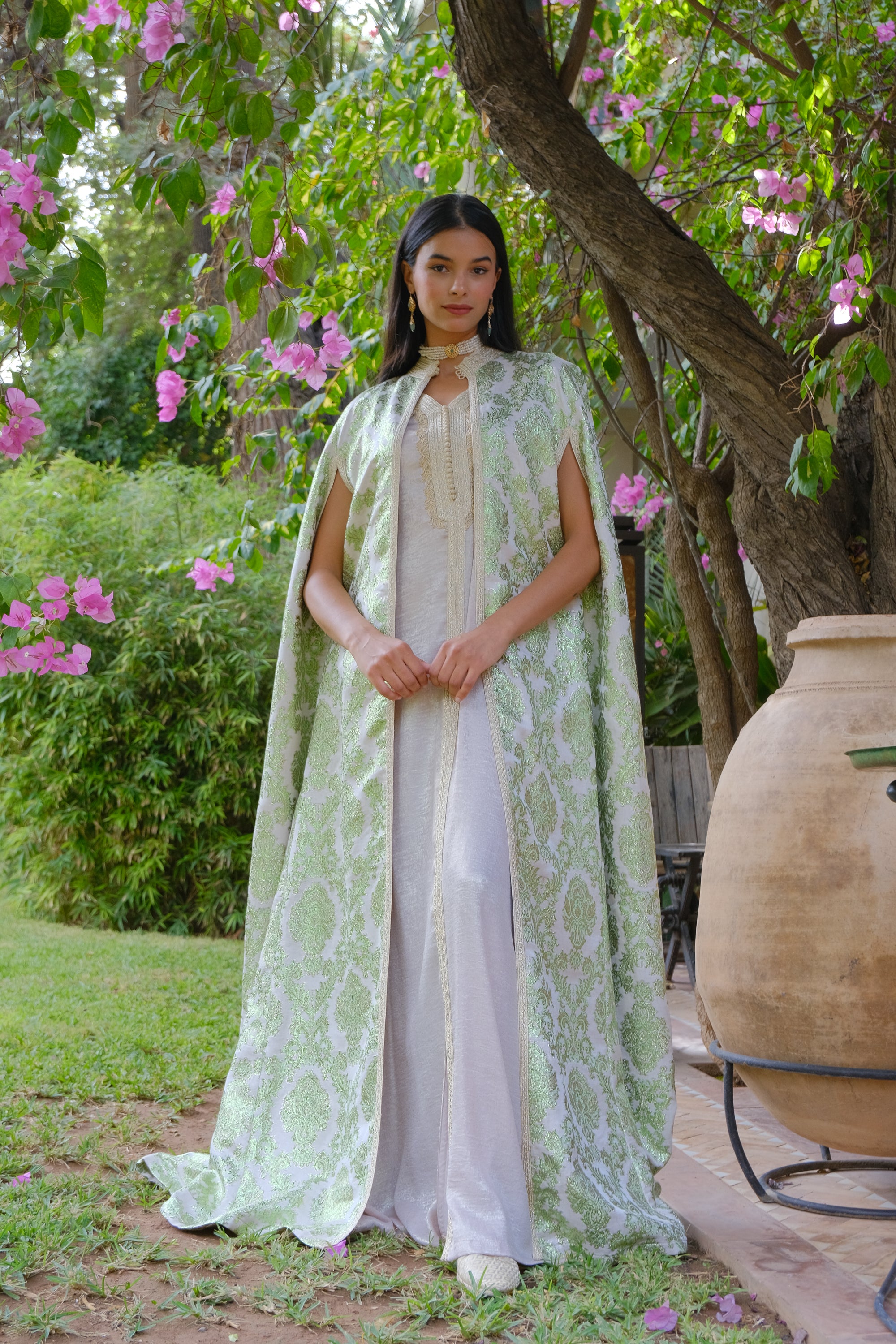 RAWDA Two-Piece Silk Kaftan & Brocade Cape Set